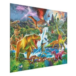 Bilderwelten Alu Dibond Outdoor Bild Tiere bunt Illustration wetterfest - Dinosaurier im Urzeitgewitter - Dinosaurier Kinderzimmer Baby M&auml;dchen Jungen