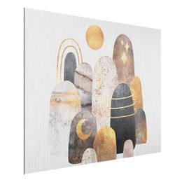 Bilderwelten Alu Dibond Outdoor Bild originell grau Abstrakt wetterfest - Gold Berge mit Mond - Deko Wohnzimmer Schlafzimmer