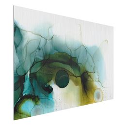 Alu Dibond Outdoor Bild - Goldener Waldspaziergang - originell petrol Abstrakt Aquarell Deko Wohnzimmer Schlafzimmer