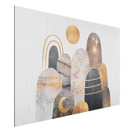 Bilderwelten Alu Dibond Outdoor Bild originell grau Abstrakt wetterfest - Gold Berge mit Mond - Deko Wohnzimmer Schlafzimmer
