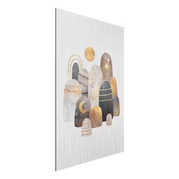 Bilderwelten Alu Dibond Outdoor Bild originell grau Abstrakt wetterfest - Gold Berge mit Mond - Deko Wohnzimmer Schlafzimmer