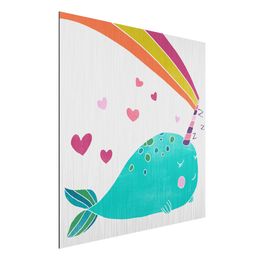 Alu Dibond Outdoor Bild - Fr&ouml;hlicher Narwal II - Tiere bunt Illustration Aquarell Regenbogen Kinderzimmer Baby M&auml;dchen Jungen