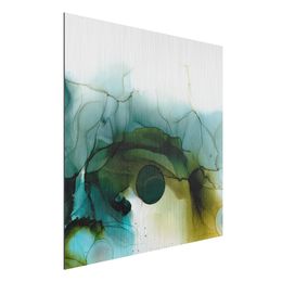 Alu Dibond Outdoor Bild - Goldener Waldspaziergang - originell petrol Abstrakt Aquarell Deko Wohnzimmer Schlafzimmer