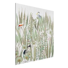 Alu Dibond Outdoor Bild - Flamingo und Storch mit Pflanzen - Tiere gr&uuml;n Tropisch wetterfest Pflanzen Wohnzimmer Schlafzimmer