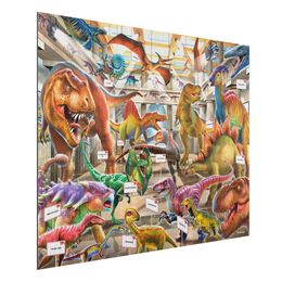 Bilderwelten Alu Dibond Outdoor Bild Tiere bunt Illustration wetterfest - Dinosaurier im Naturkundemuseum - Dinosaurier Kinderzimmer Baby M&auml;dchen Jungen