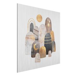 Bilderwelten Alu Dibond Outdoor Bild originell grau Abstrakt wetterfest - Gold Berge mit Mond - Deko Wohnzimmer Schlafzimmer