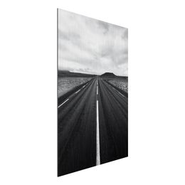 Bilderwelten Alu Dibond Outdoor Bild Natur schwarz weiss Motiv wetterfest - Gerade Stra&szlig;e in Island - Landschaft Wohnzimmer Schlafzimmer