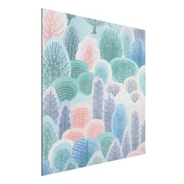 Bilderwelten Alu Dibond Outdoor Bild Wald pastell Tropisch wetterfest - Gl&uuml;cklicher Wald in Pastell - Pflanzen Kinderzimmer Baby M&auml;dchen Jungen