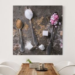 Bilderwelten Leinwandbild Kulinarisch Vintage Kunstdruck grau - Vintage L&ouml;ffel mit Zucker - Gew&uuml;rze & Kr&auml;uter XXL K&uuml;che