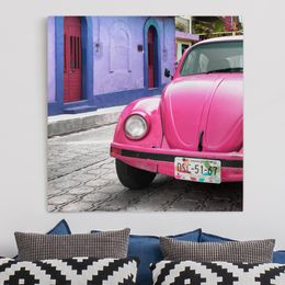 Bilderwelten Leinwandbild Fahrzeuge modern Kunstdruck Leinwanddruck - Pink VW Beetle - Skylines XXL Wohnzimmer Schlafzimmer