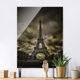 Bilderwelten Glasbild Stadt Motiv schwarz weiss Glas Wandbild - Eiffelturm vor Wolken schwarz-wei&szlig; - Architektur Wohnzimmer Schlafzimmer