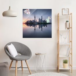 Bilderwelten Glasbild Stadt Motiv blau Glas Wandbild - Shanghai Skyline Morgenstimmung - Architektur Wohnzimmer Schlafzimmer