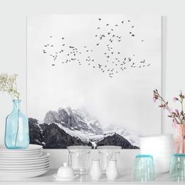 Bilderwelten Leinwandbild Natur Motiv Kunstdruck schwarz weiss - Vogelschwarm vor Bergen Schwarz Wei&szlig; - Berg XXL Wohnzimmer Schlafzimmer