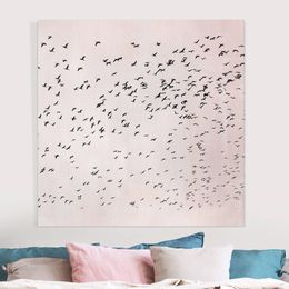 Bilderwelten Leinwandbild Natur modern Aquarell rosa - Vogelschwarm im Sonnenuntergang - Sonnenuntergang XXL Wohnzimmer Schlafzimmer