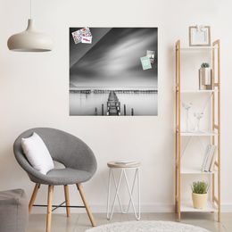 Bilderwelten Glasbild Natur Motiv schwarz weiss Glas Wandbild - Der alte Pier - Himmel Wohnzimmer Schlafzimmer