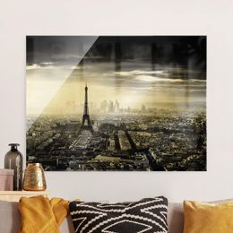 Bilderwelten Glasbild Stadt Motiv schwarz weiss Glas Wandbild - Der Eiffelturm von Oben Schwarz-wei&szlig; - Architektur Wohnzimmer Schlafzimmer