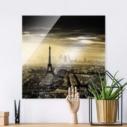 Bilderwelten Glasbild Stadt Motiv schwarz weiss Glas Wandbild - Der Eiffelturm von Oben Schwarz-wei&szlig; - Architektur Wohnzimmer Schlafzimmer