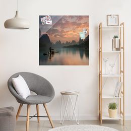 Bilderwelten Glasbild Natur Motiv pastell Glas Wandbild - Sonnenaufgang &uuml;ber chinesischem Fluss - Boot Schiff & U-Boot Wohnzimmer Schlafzimmer