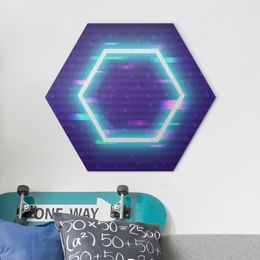 Bilderwelten Alu-Dibond Bild Hexagon violett Digital Art - Geometrisches Hexagon in Neonfarben - Deko Jugendzimmer
