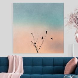 Bilderwelten Leinwandbild Natur modern Aquarell petrol - V&ouml;gel vor rosa Sonne II - Sonnenuntergang XXL Wohnzimmer Schlafzimmer