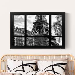 Akustik-Wechselbild Fensterausblick Paris - Nahe am Eiffelturm schwarz wei&szlig;