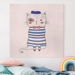 Bilderwelten Leinwandbild Tiere Illustration Kunstdruck rosa - Katze in Frankreich - Katze XXL Kinderzimmer Baby M&auml;dchen Jungen