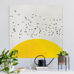 Bilderwelten Leinwandbild Natur modern Kunstdruck gelb - Vogelschwarm vor gelber Sonne - Sonnenuntergang XXL Wohnzimmer Schlafzimmer