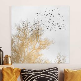 Bilderwelten Leinwandbild Wald modern Kunstdruck gold - Vogelschwarm vor goldenem Baum - B&auml;ume XXL Wohnzimmer Schlafzimmer