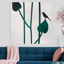 Bilderwelten Leinwandbild Grafische Pflanzenwelt - Vogel auf Blatt