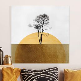 Bilderwelten Leinwandbild Natur modern Kunstdruck gold - Goldene Sonne mit Baum - Sonnenuntergang XXL Wohnzimmer Schlafzimmer