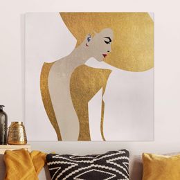 Bilderwelten Leinwandbild Portrait Illustration Kunstdruck gold - Dame mit Hut in Gold - Wandbild XXL Wohnzimmer Schlafzimmer