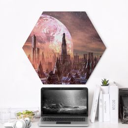 Bilderwelten Alu-Dibond Bild Hexagon schwarz Illustration - Sci-Fi Stadt mit Planeten - Deko Jugendzimmer