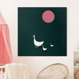 Bilderwelten Leinwandbild Tiere Illustration Kunstdruck petrol - Familie Gans auf Wanderschaft - V&ouml;gel XXL Kinderzimmer Baby M&auml;dchen Jungen