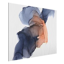 Bilderwelten Alu Dibond Outdoor Bild originell blau Abstrakt Aquarell - Ozeantropfen Blau-Orange mit Gold - Deko Wohnzimmer Schlafzimmer