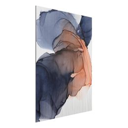 Bilderwelten Alu Dibond Outdoor Bild originell blau Abstrakt Aquarell - Ozeantropfen Blau-Orange mit Gold - Deko Wohnzimmer Schlafzimmer