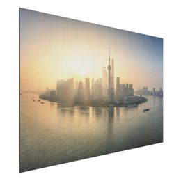 Alu Dibond Outdoor Bild - Pudong bei Sonnenaufgang - Stadt orange Motiv wetterfest Architektur Wohnzimmer Schlafzimmer
