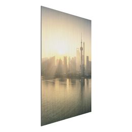 Bilderwelten Alu Dibond Outdoor Bild Stadt orange Motiv wetterfest - Pudong bei Sonnenaufgang - Architektur Wohnzimmer Schlafzimmer