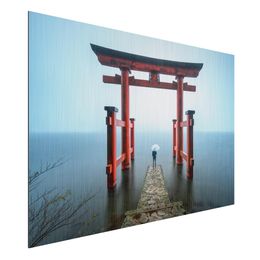 Alu Dibond Outdoor Bild - Rotes Torii am Ashi-See - Natur rot Motiv wetterfest Asia Wohnzimmer Schlafzimmer