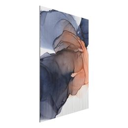 Bilderwelten Alu Dibond Outdoor Bild originell blau Abstrakt Aquarell - Ozeantropfen Blau-Orange mit Gold - Deko Wohnzimmer Schlafzimmer