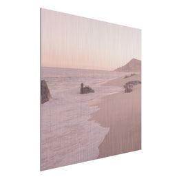 Bilderwelten Alu Dibond Outdoor Bild Strand rosa Motiv wetterfest - Ros&eacute;goldener Strand - Meerblick Wohnzimmer Schlafzimmer