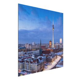 Bilderwelten Alu Dibond Outdoor Bild Stadt blau Motiv wetterfest - Schnee in Berlin - Architektur Wohnzimmer Schlafzimmer
