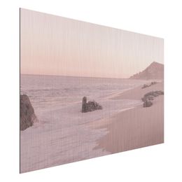 Bilderwelten Alu Dibond Outdoor Bild Strand rosa Motiv wetterfest - Ros&eacute;goldener Strand - Meerblick Wohnzimmer Schlafzimmer