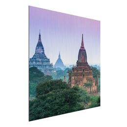 Bilderwelten Alu Dibond Outdoor Bild Natur gr&uuml;n Motiv wetterfest - Sakralgeb&auml;ude in Bagan - Asia Wohnzimmer Schlafzimmer