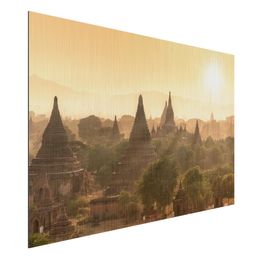 Bilderwelten Alu Dibond Outdoor Bild Natur orange Motiv wetterfest - Sonnenuntergang &uuml;ber Bagan - Asia Wohnzimmer Schlafzimmer