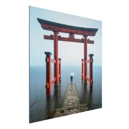 Bilderwelten Alu Dibond Outdoor Bild Natur rot Motiv wetterfest - Rotes Torii am Ashi-See - Asia Wohnzimmer Schlafzimmer
