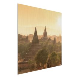 Bilderwelten Alu Dibond Outdoor Bild Natur orange Motiv wetterfest - Sonnenuntergang &uuml;ber Bagan - Asia Wohnzimmer Schlafzimmer