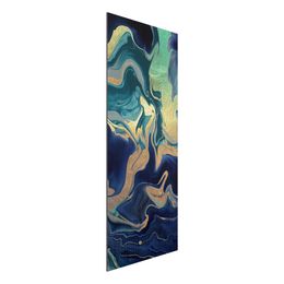 Alu Dibond Outdoor Bild - Spiel der Farben Indigo Feuer - blau Illustration Aquarell Deko Wohnzimmer Schlafzimmer