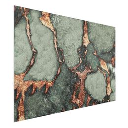 Bilderwelten Alu Dibond Outdoor Bild gr&uuml;n Illustration Aquarell - Spiel der Farben Farngr&uuml;n und Gold - Deko Wohnzimmer Schlafzimmer