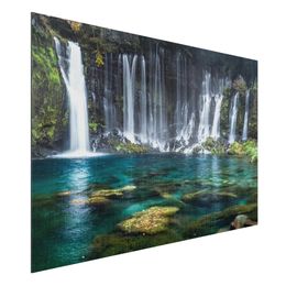 Alu Dibond Outdoor Bild - Shiraito Wasserfall - Wald petrol Motiv wetterfest Asia Wohnzimmer Schlafzimmer