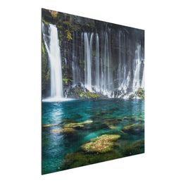 Alu Dibond Outdoor Bild - Shiraito Wasserfall - Wald petrol Motiv wetterfest Asia Wohnzimmer Schlafzimmer